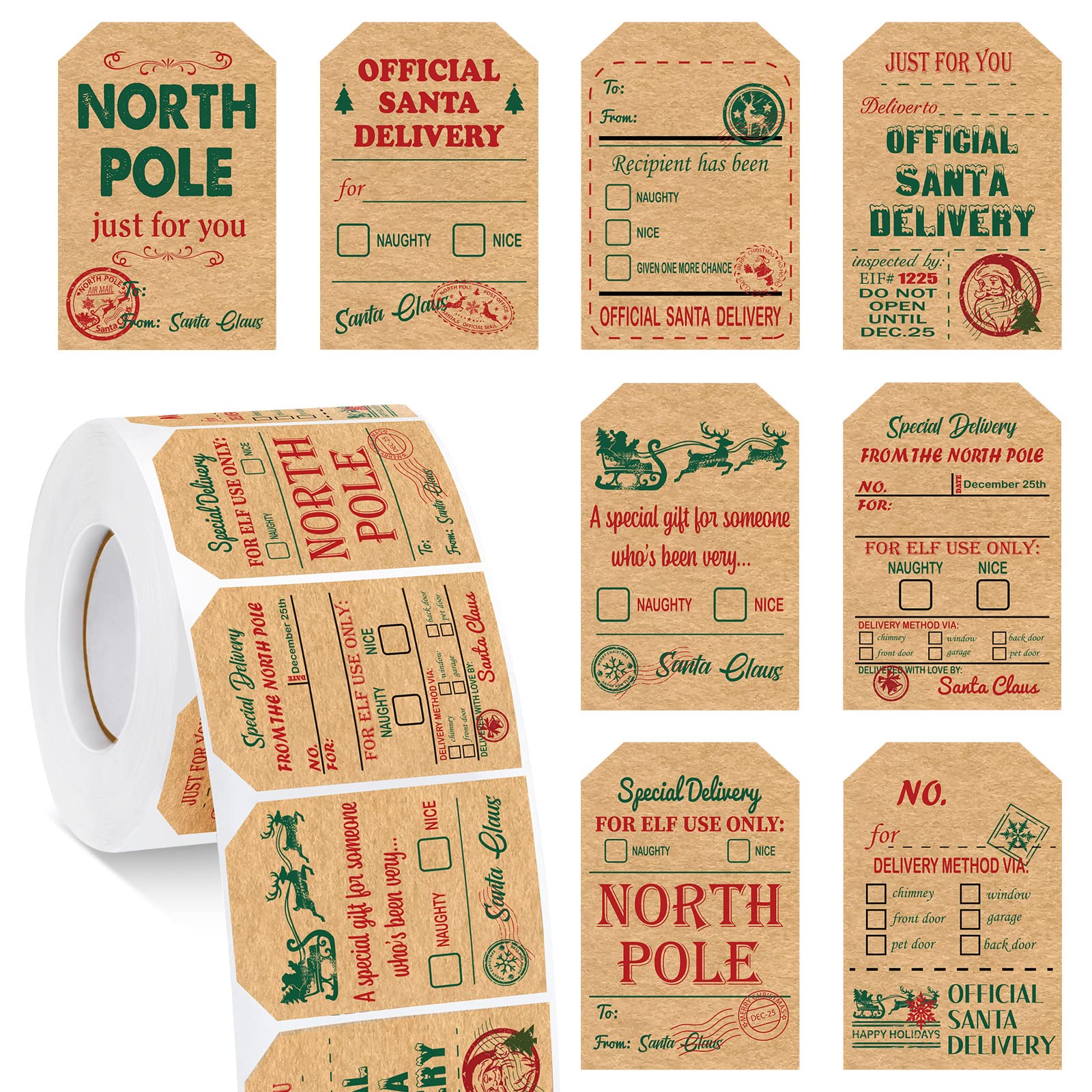 800 Pieces Christmas Tags Christmas to from Labels Self Adhesive Christmas Tag Christmas Stickers Tag Sticker Christmas Paper Tags for Decorations, 8 Styles (Retro Style)