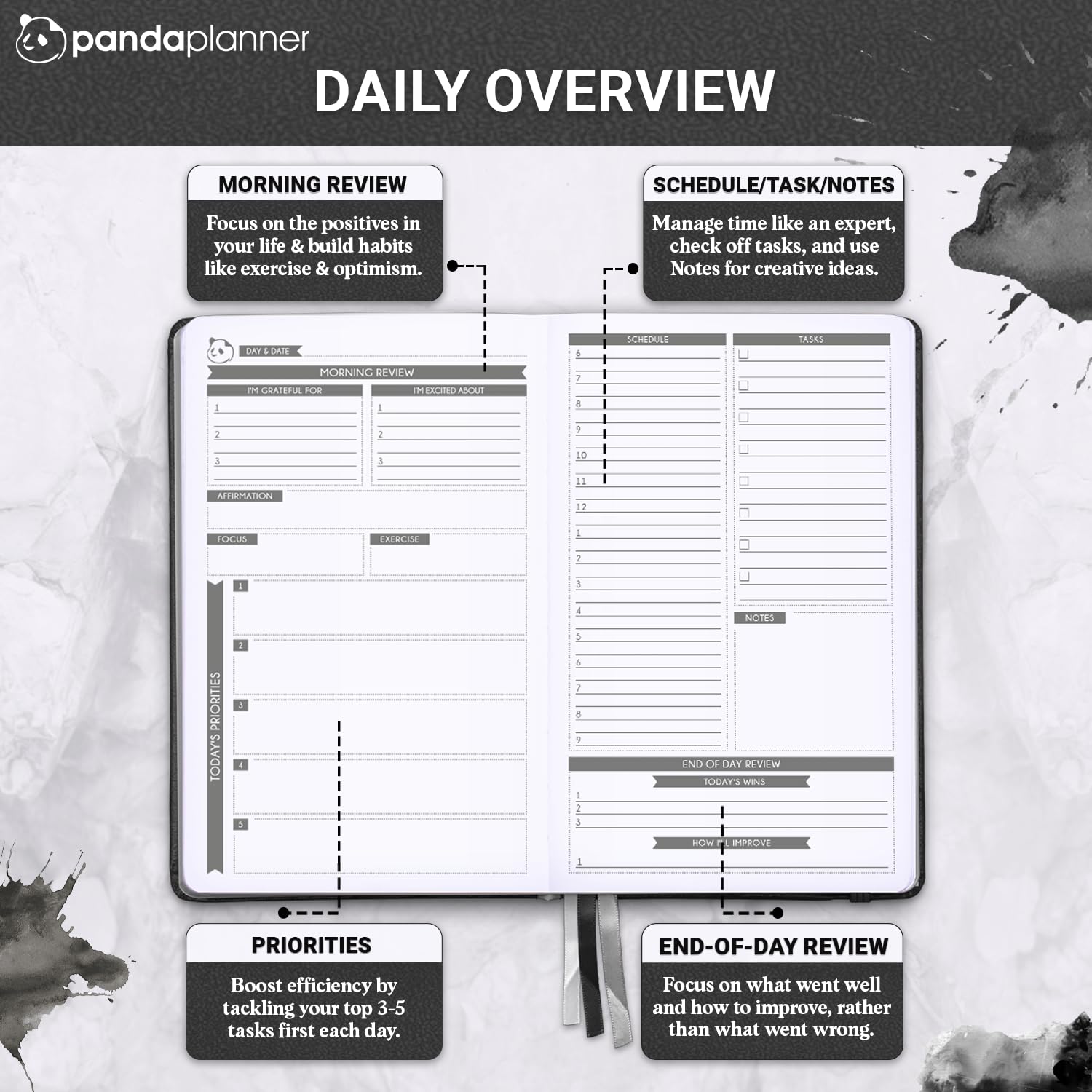 Black Daily Planner 2023 by Panda Planner - Organizer Planner for Goals, Gratitude & Focus - Weekly & Monthly Agenda Sections - Undated 90 Day Planner