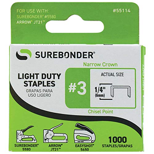 Surebonder 55114 Light Duty 1/4-Inch Leg Length, .441-Inch Crown Staples, Arrow JT21 Type, 1000 Count