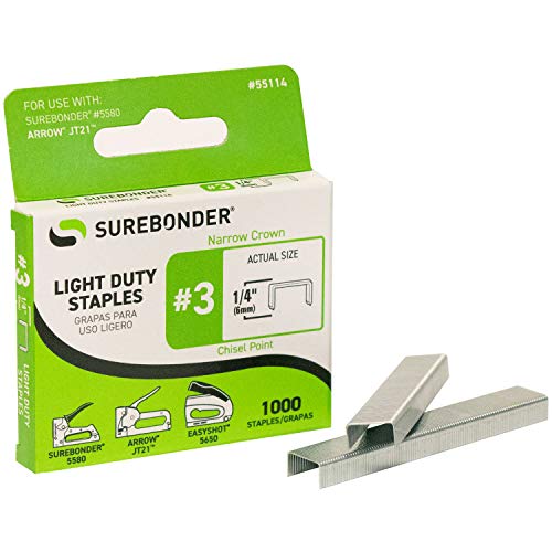 Surebonder 55114 Light Duty 1/4-Inch Leg Length, .441-Inch Crown Staples, Arrow JT21 Type, 1000 Count