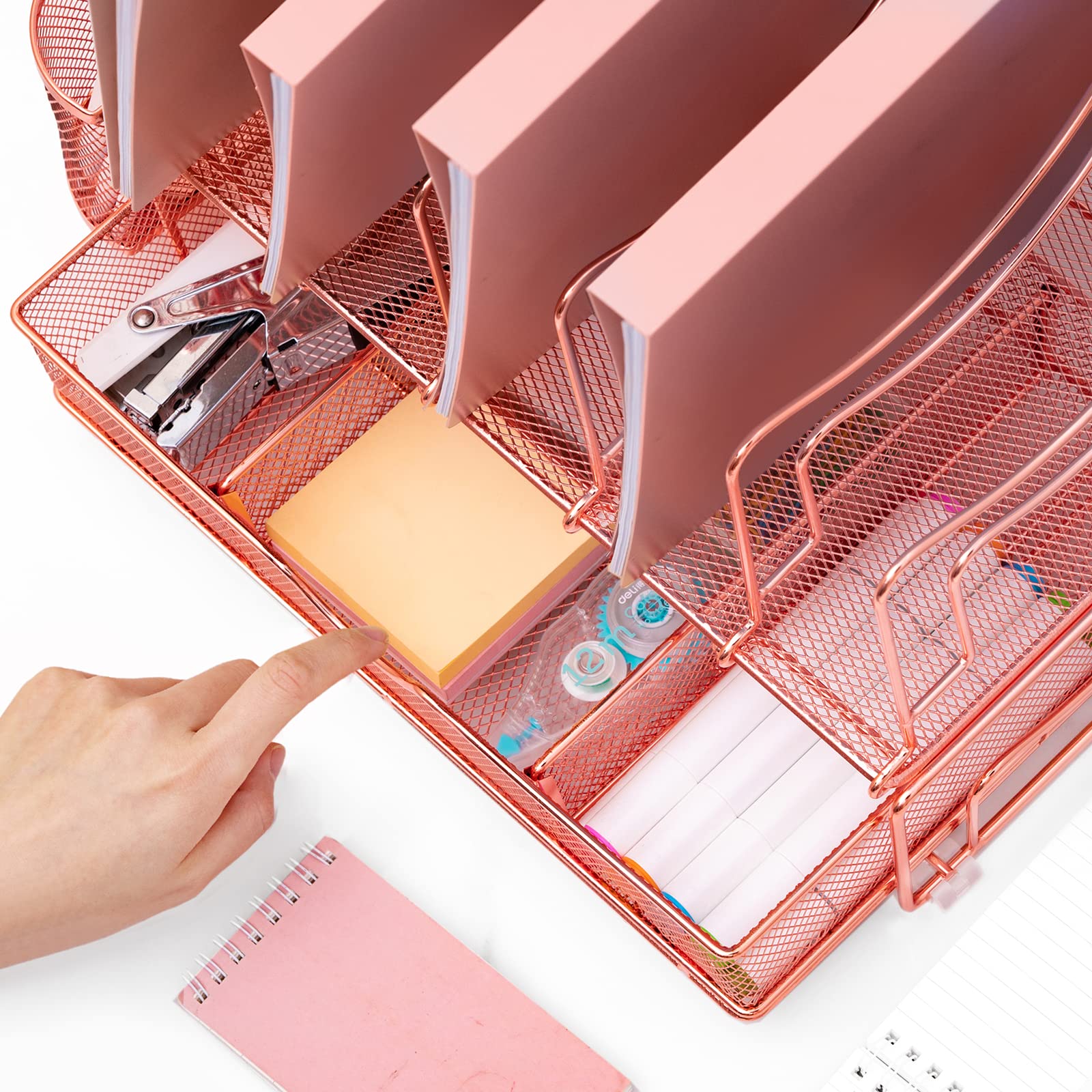 ARCOBIS Rose Gold Desk File Organizer for Women, Desk Organizers and Accessories with Pen Holder & Sliding Drawer & Vertical File Folder Sorters, Cute Desktop File Holder for Office Supplies