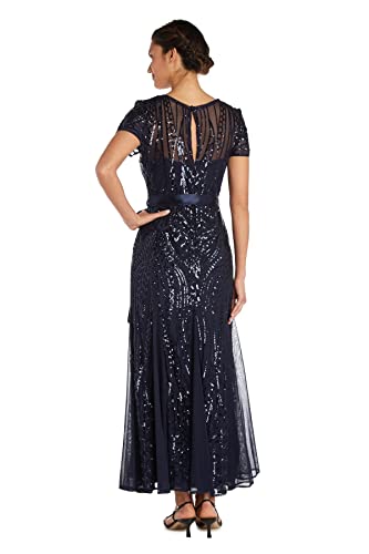 R&M Richards Women's One Piece Short Sleeve Embelished Sequins Gown, Navy, 10