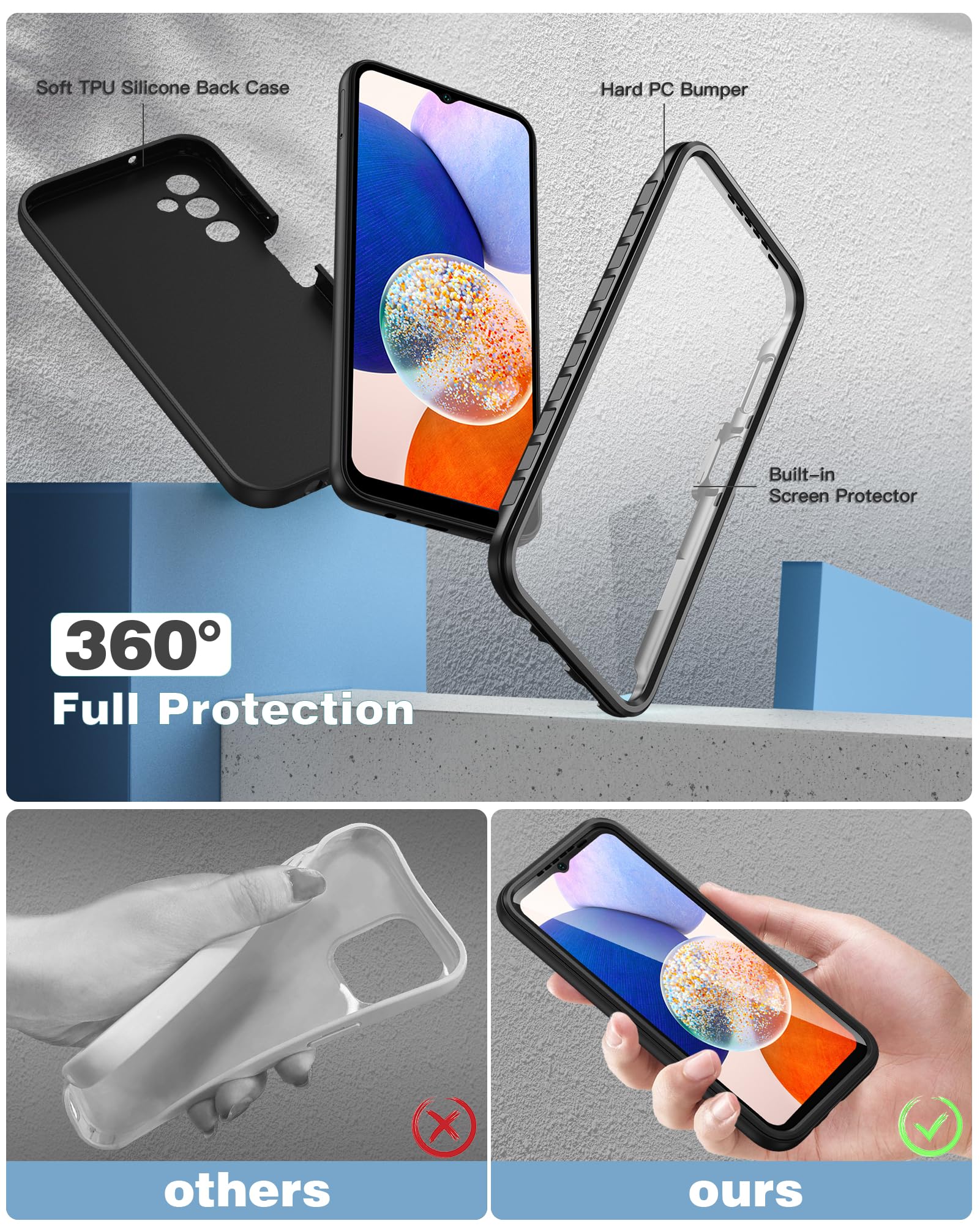 FNTCASE for Samsung Galaxy A14-5G Case: Shockproof Silicone Protective Phone Case with Built-in Screen Protector - Slim Dual Layer Rugged Sturdy Drop Proof TPU Protection Cover (Plain Black)