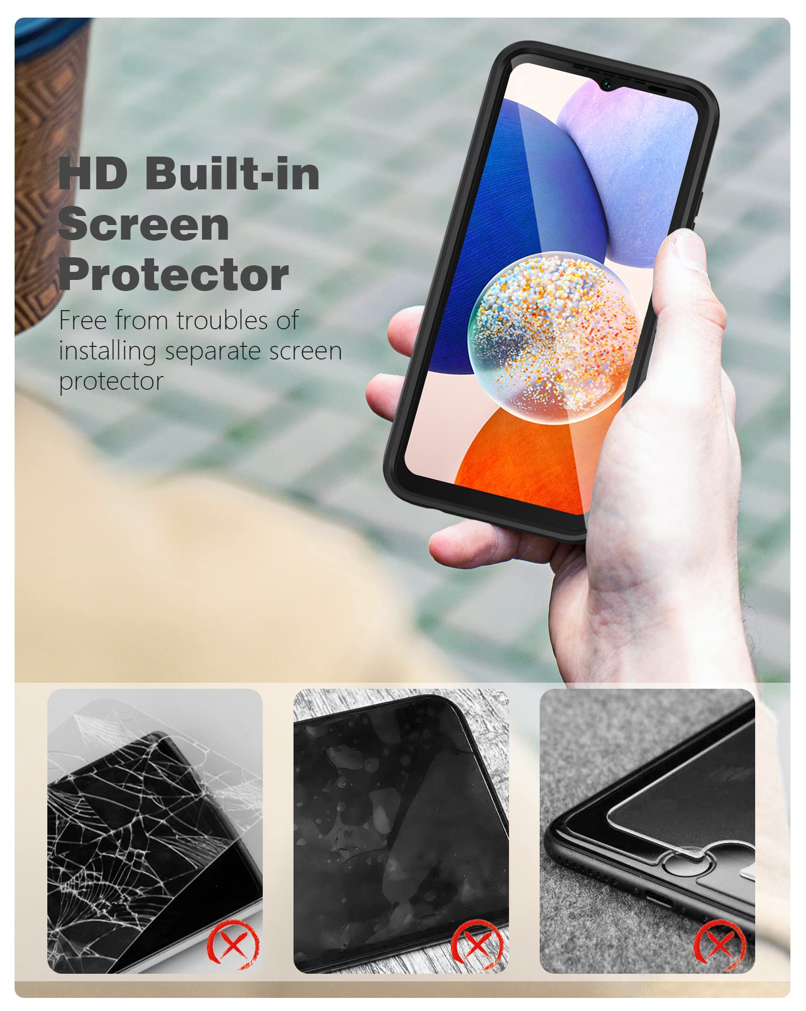 FNTCASE for Samsung Galaxy A14-5G Case: Shockproof Silicone Protective Phone Case with Built-in Screen Protector - Slim Dual Layer Rugged Sturdy Drop Proof TPU Protection Cover (Plain Black)