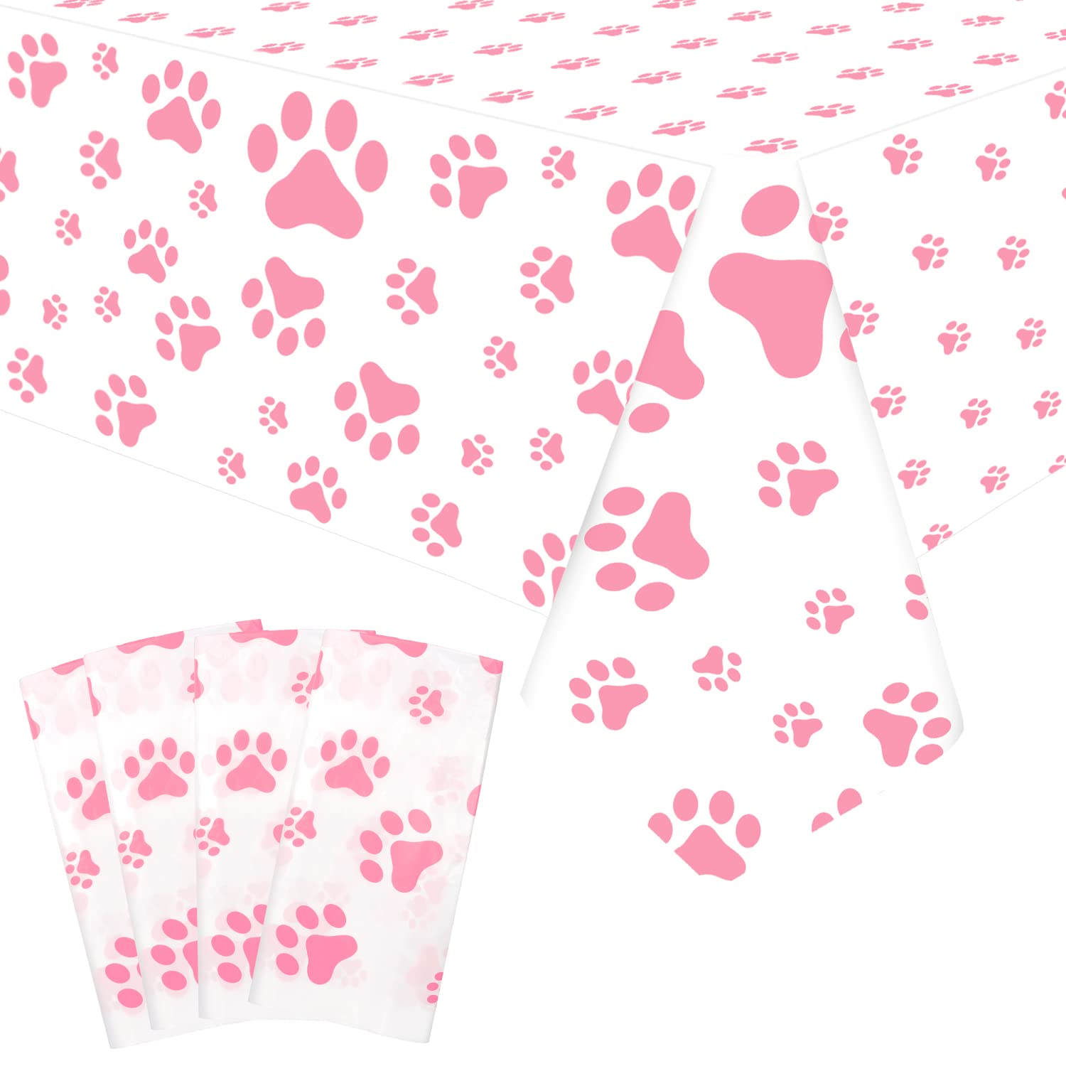 KEFAN 4 Pack Puppy Dog Pet Paw Print Plastic Tablecloth Table Cover Pink Paw Birthday Party Decorations Dog Party Decorations, Puppy Party Supplies for Dog Cat Birthday Party (51 Inch x 86 Inch) (4)