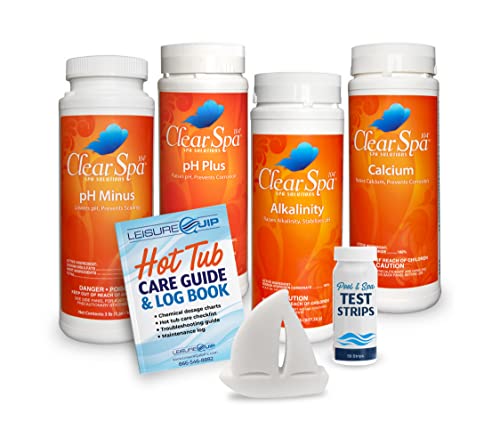 Clear Spa Hot Tub Balancing Chemical Bundle Includes pH Plus, pH Minus, Alkalinity, Calcium, Test Strips, LeisureQuip ScumBoat, and LeisureQuip Hot Tub Care Guide E-Book