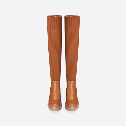 NEWBELLA Womens Over Knee Boots Thigh High Stretch Knitted Socks Chunky Block Heel Boots (Brown, Adult, Women, 7, Numeric, US Footwear Size System, Medium)