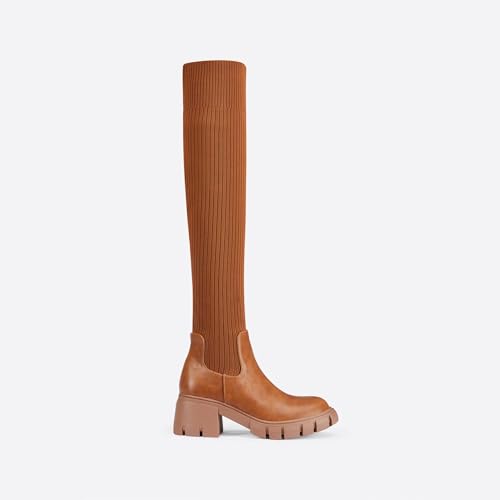 NEWBELLA Womens Over Knee Boots Thigh High Stretch Knitted Socks Chunky Block Heel Boots (Brown, Adult, Women, 7, Numeric, US Footwear Size System, Medium)