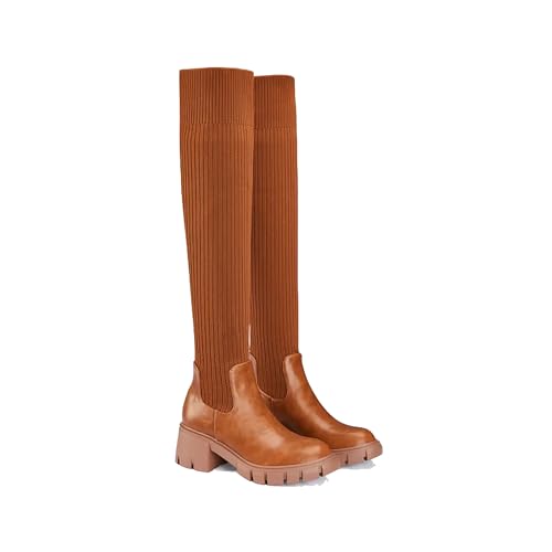 NEWBELLA Womens Over Knee Boots Thigh High Stretch Knitted Socks Chunky Block Heel Boots (Brown, Adult, Women, 7, Numeric, US Footwear Size System, Medium)