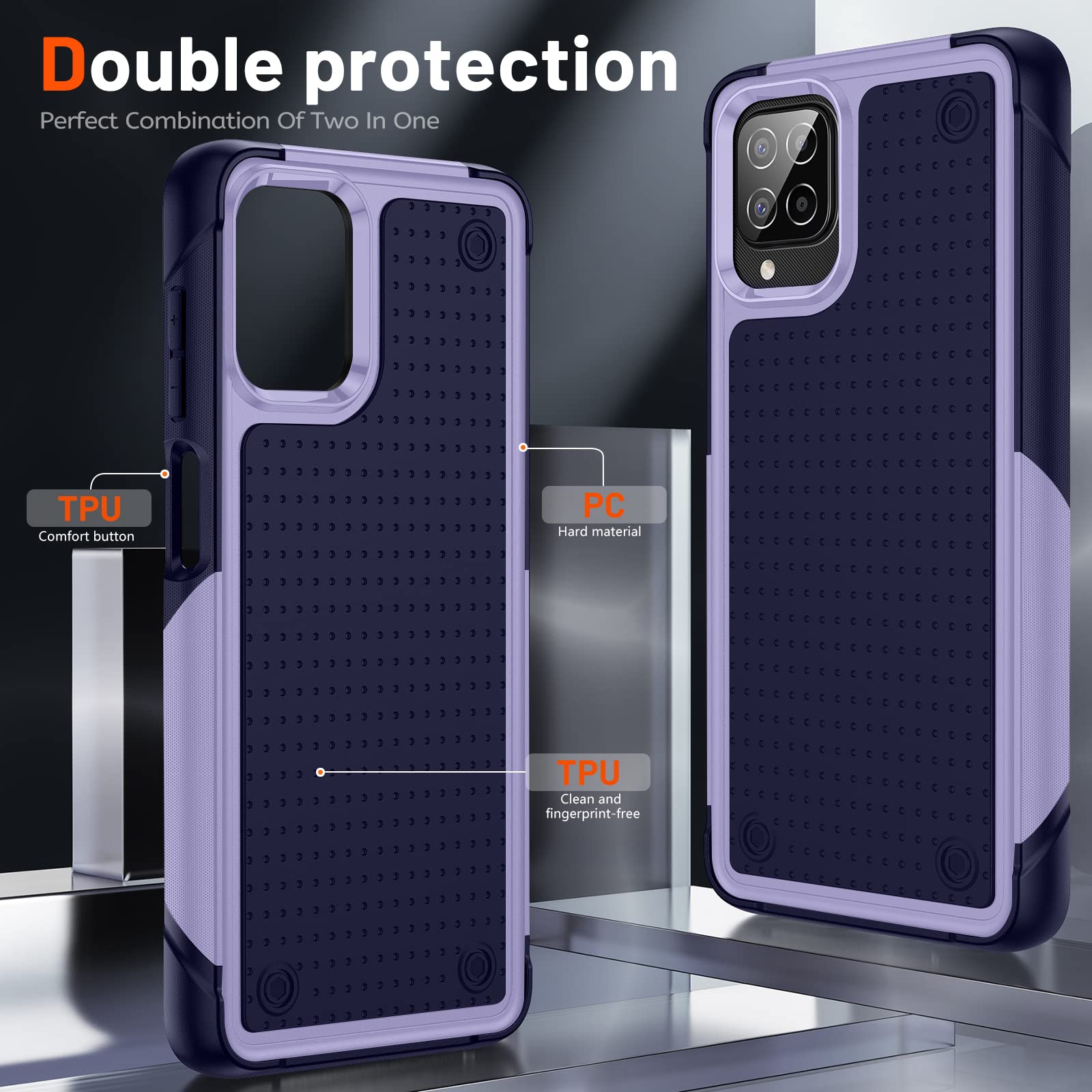 Jeylly for Samsung Galaxy A12 Case, Samsung A12 Phone Case with Screen Protector [2 Pack], Heavy-Duty Tough Rugged Slim Shockproof Protective Case for Samsung Galaxy A12/M12, Light Purple