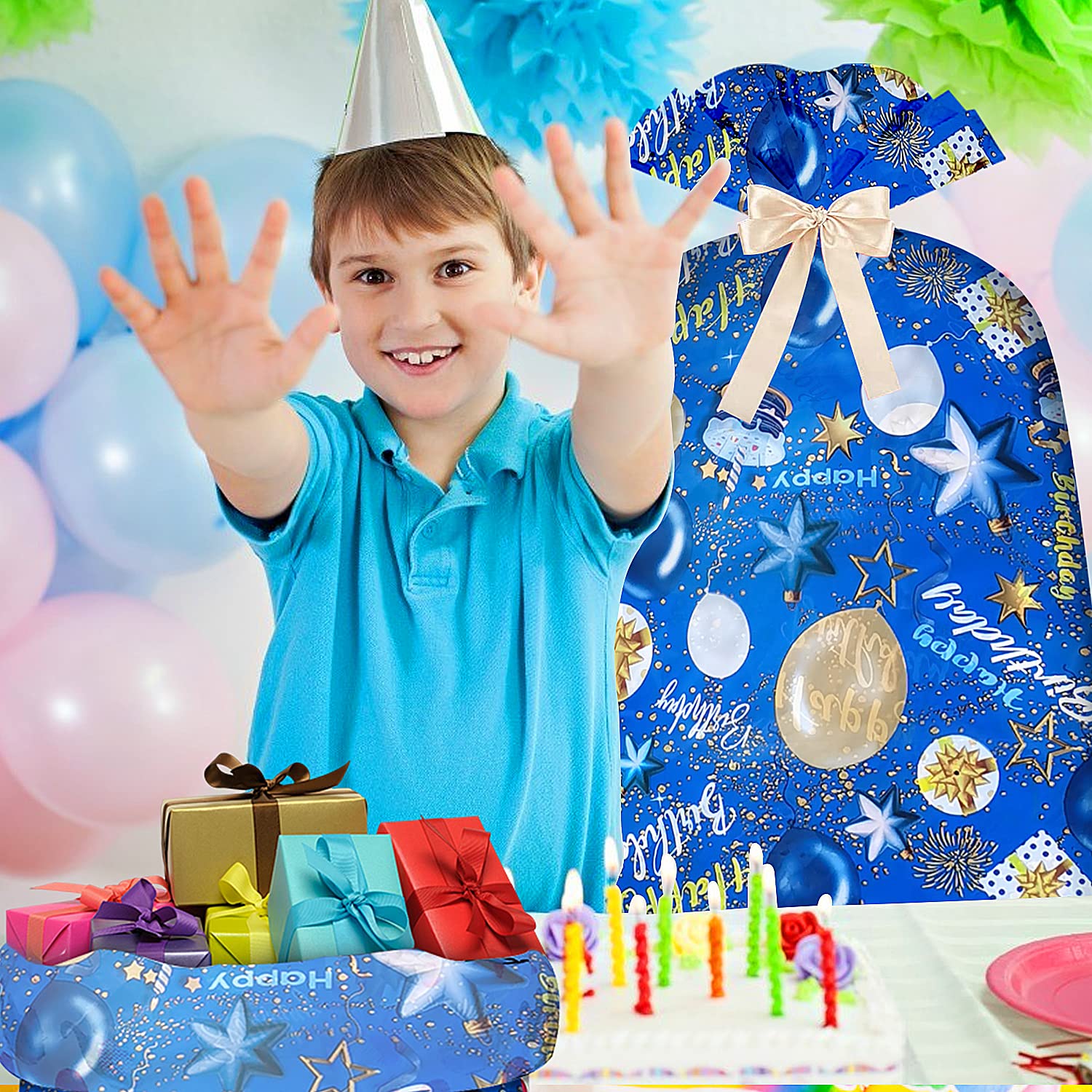 Extra Large Jumbo Giant Huge Gift Bag Blue Plastic Oversized Present Wrapping Bag (48" 1Pack) for Boys Men and Kids