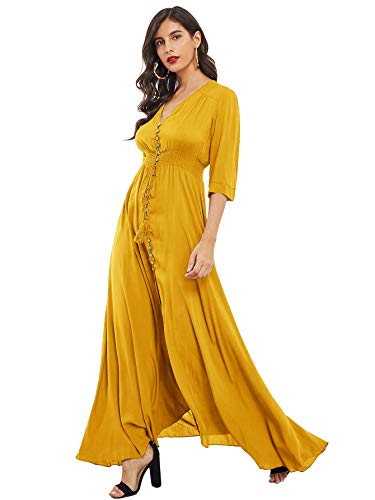 Milumia Women's Button Up V Neck Half Sleeve Split Flowy Plain Party Maxi Dress Yellow X-Large