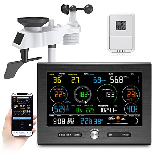 Dushiabu Professional Weather Station Indoor Outdoor, Wireless Color Display Atomic Clock with Rain Gauge, Thermometer Weather Station with Outdoor Sensor, Wind Speed and Direction