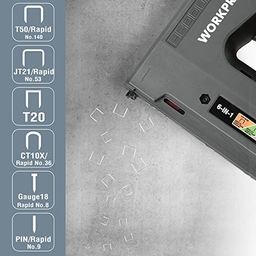 WORKPRO 6 in 1 Cordless Staple Gun, 3.6V Rechargeable Electric Stapler, Charger Included, Staples Excluded