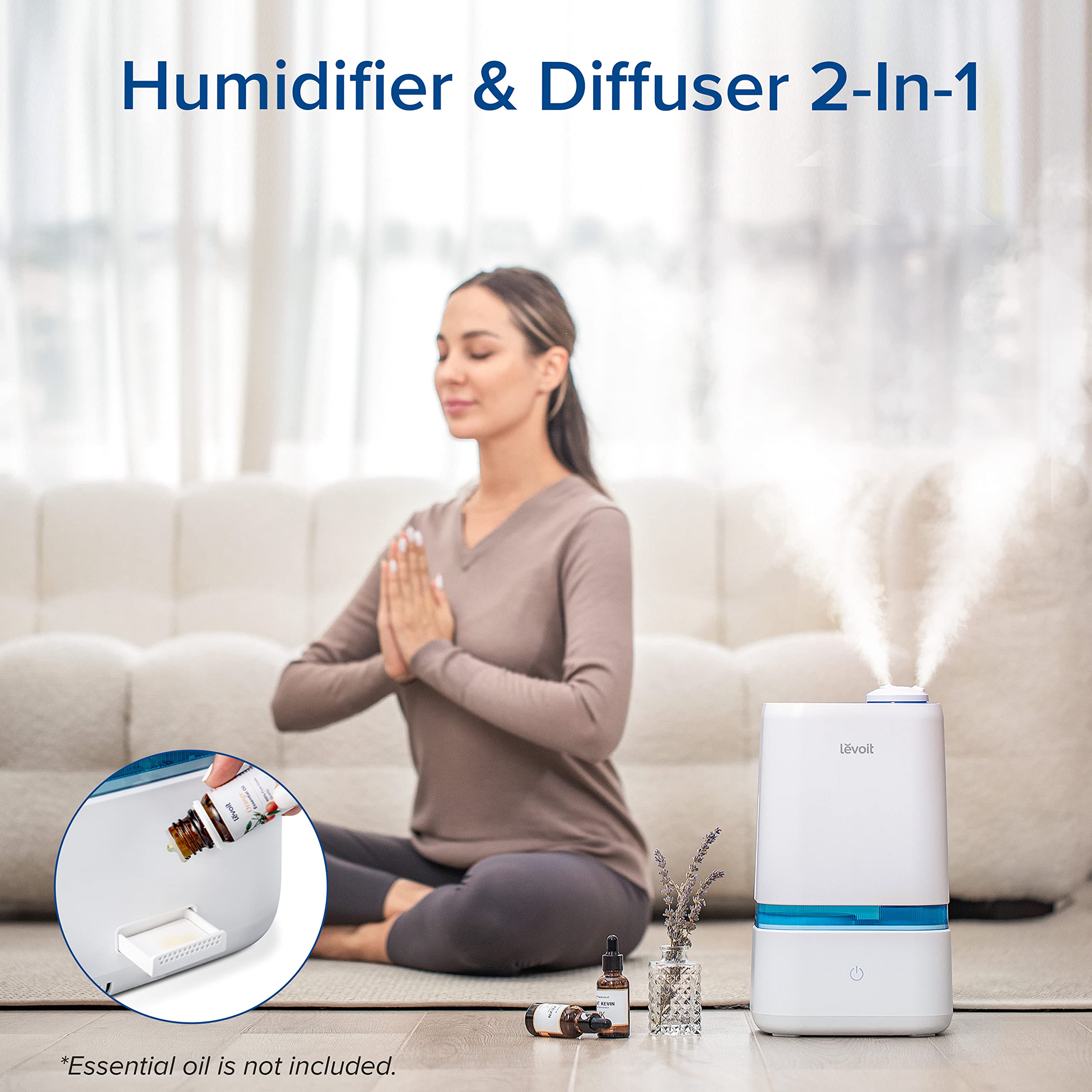 LEVOIT Air Purifier for Home Allergies Pets Hair in Bedroom, Black & 4L Humidifiers for Bedroom Large Room & Essential Oil Diffuser, Quiet Cool Mist for Home, Blue