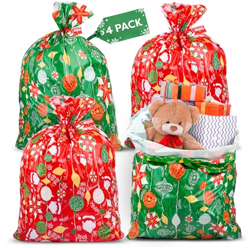 Set of 4 Extra Large Christmas Gift Bags - 36"x44" Jumbo Gift Wrapping Sacks for Huge Presents