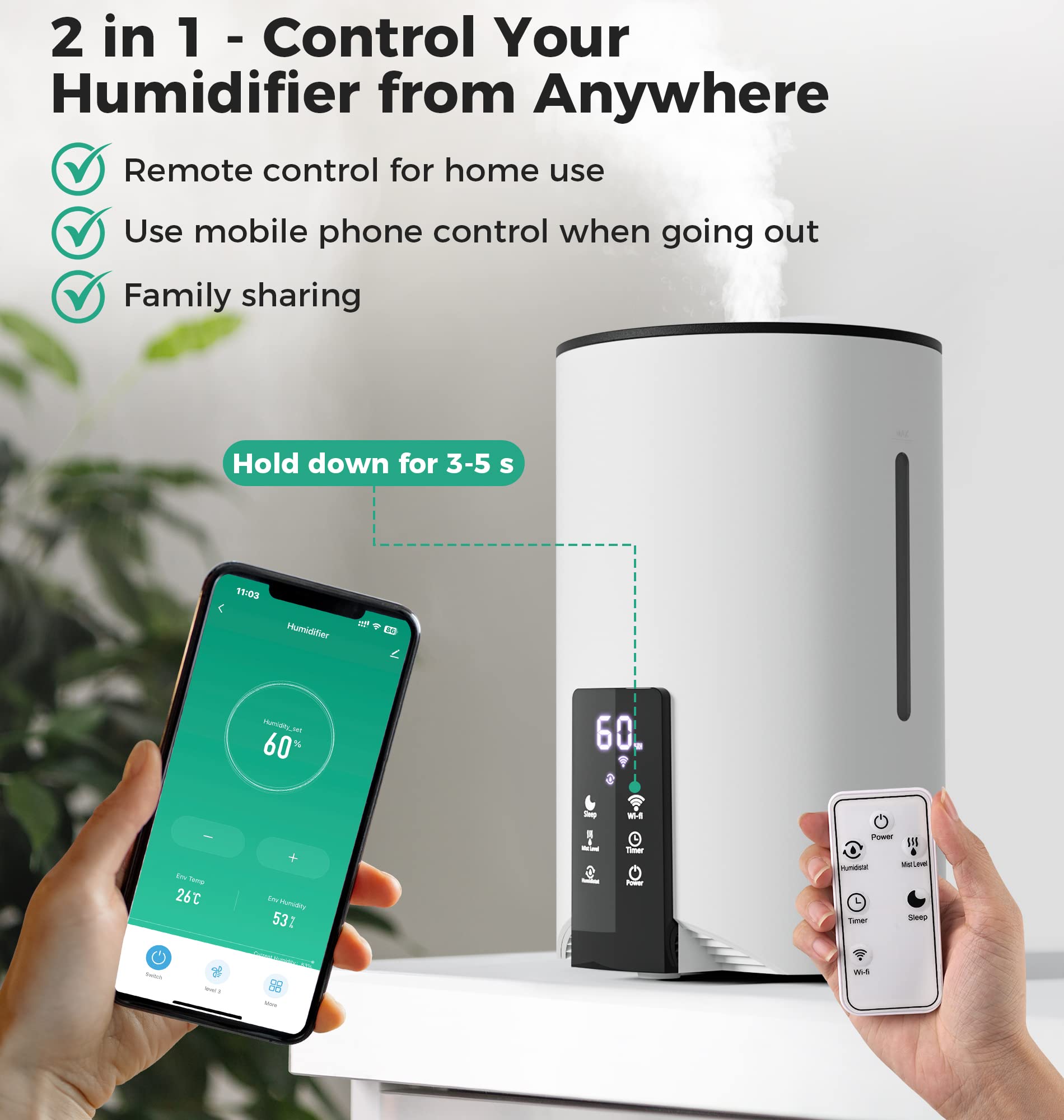 Humidifiers for Bedroom Large Room Home, 4L Cool Mist Humidifier for Smart App & Voice Control, Fill Essential Oil Diffuser for Baby and Plants, Quiet Ultrasonic Humidifier with 360° Nozzles, White.
