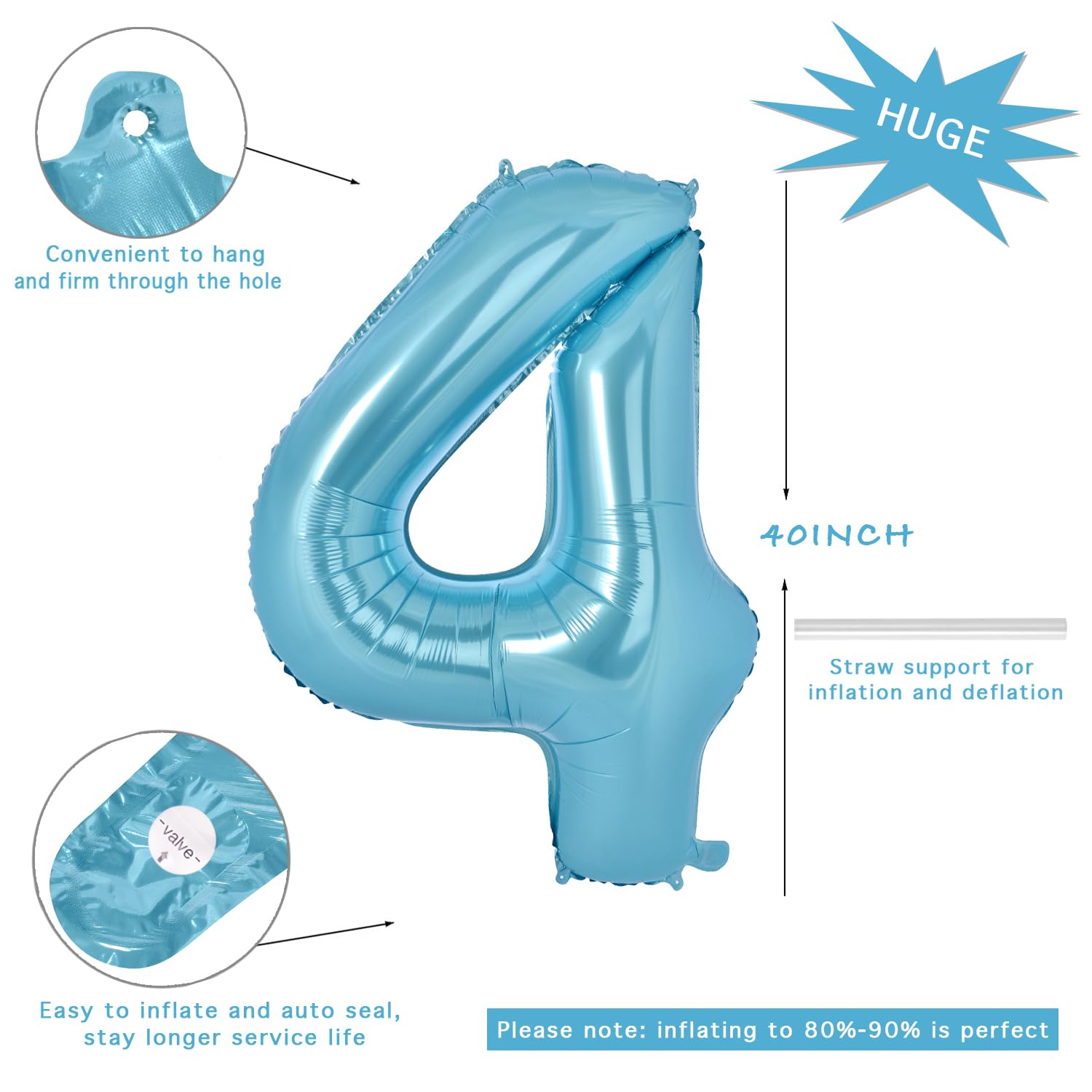 Vonokee 40 Inch Giant Number Balloons 0-9, Jumbo Digital Foil Mylar Balloon for Birthday Party Wedding Anniversary Celebration Decoration (Light blue 4)