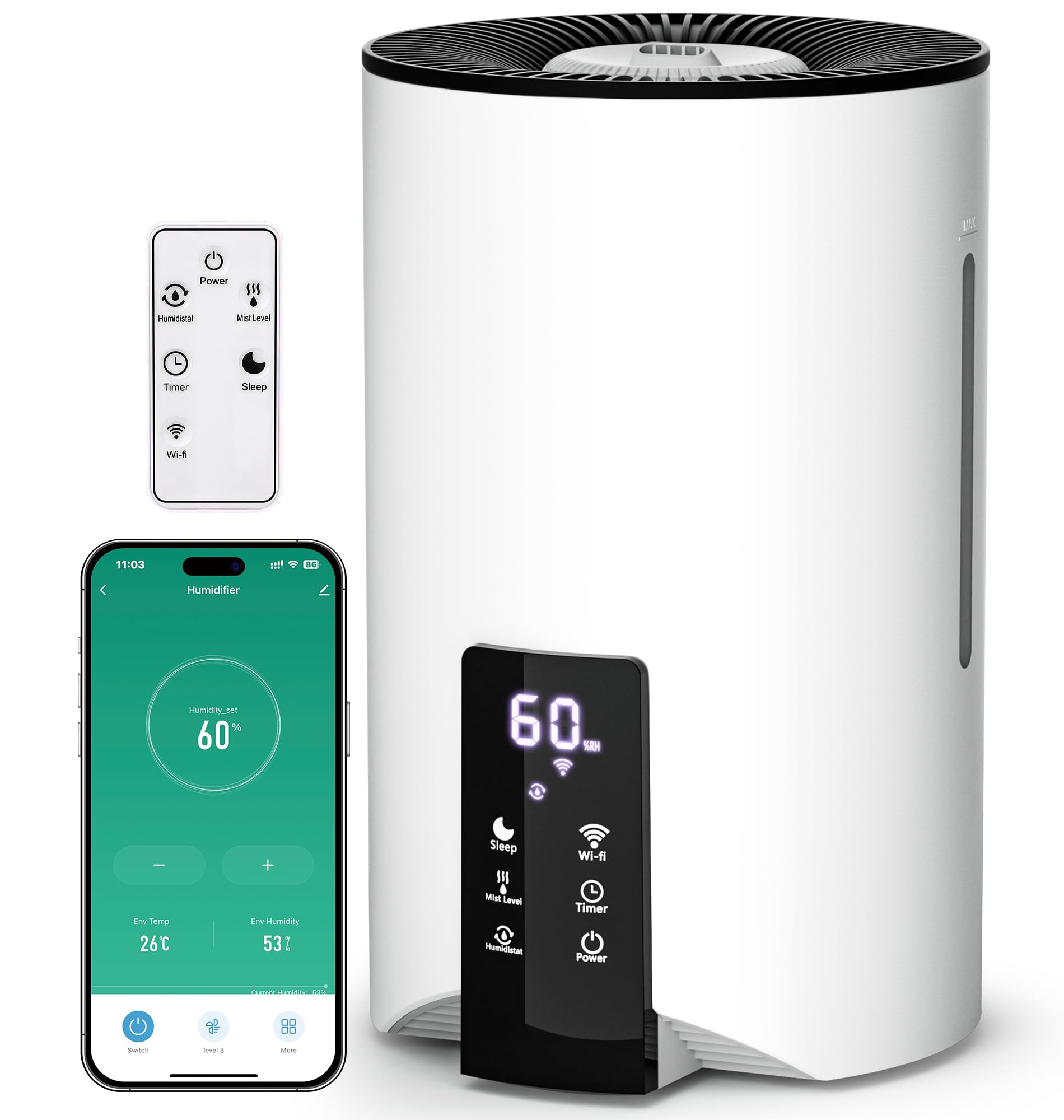 Humidifiers for Bedroom Large Room Home, 4L Cool Mist Humidifier for Smart App & Voice Control, Fill Essential Oil Diffuser for Baby and Plants, Quiet Ultrasonic Humidifier with 360° Nozzles, White.