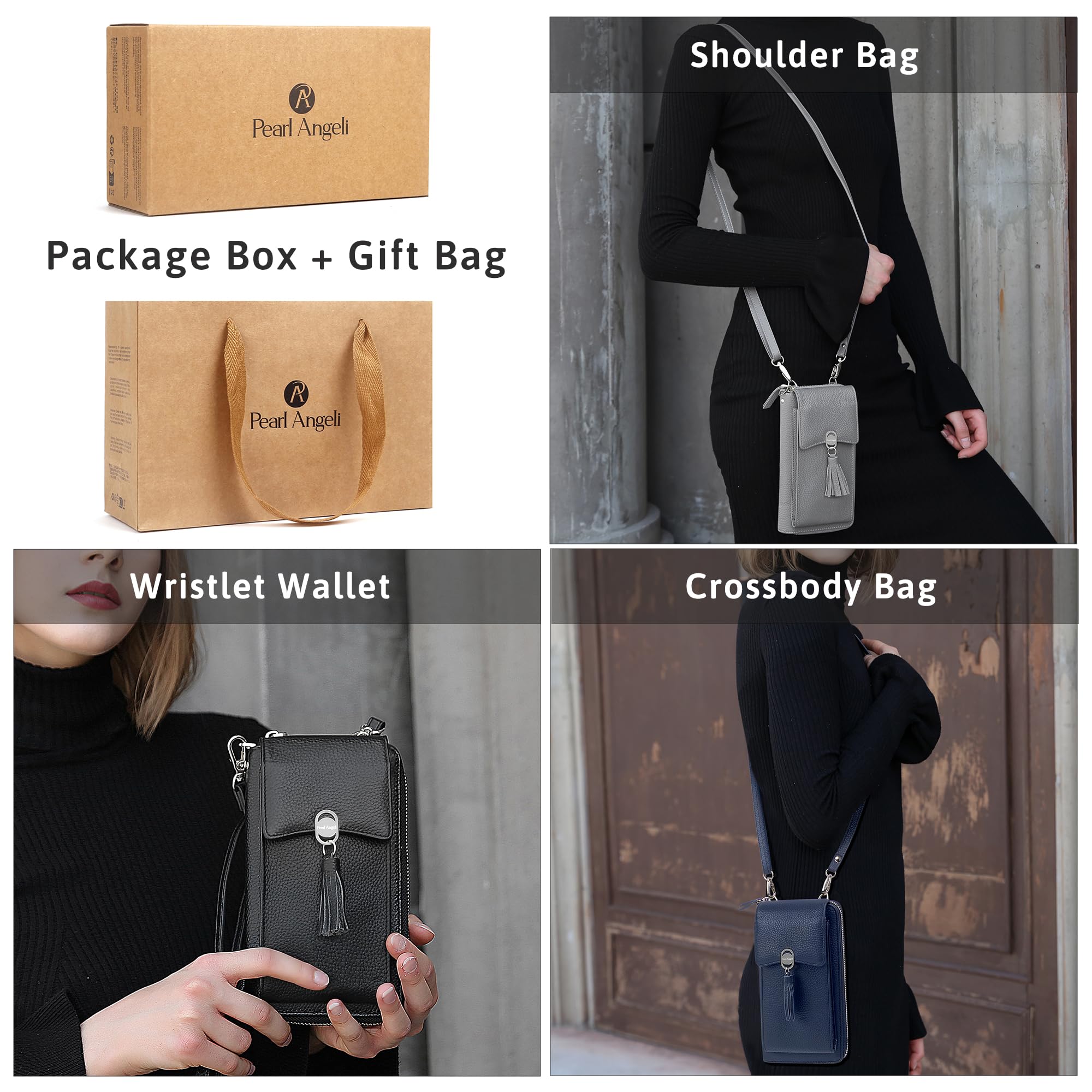 Pearl Angeli Genuine Leather Crossbody Cellphone Bag for Women RFID Blocking Small Phone Wallet Purse with Shoulder Strap