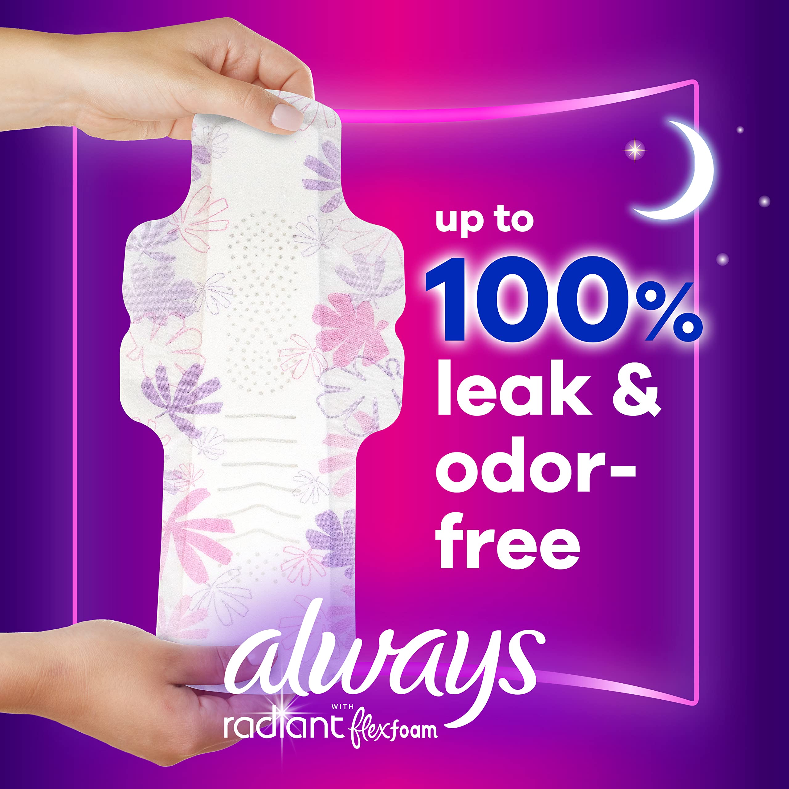Always Radiant Flexfoam Pads for Women, Size 5, Extra Heavy Overnight Absorbency, With Wings, Scented, 18Count