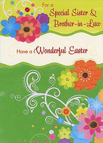 Designer Greetings Pink, Blue, Red Flowers on Green and Yellow : Shimmering Swirling White Vine Sister and Brother-in-Law Easter Card