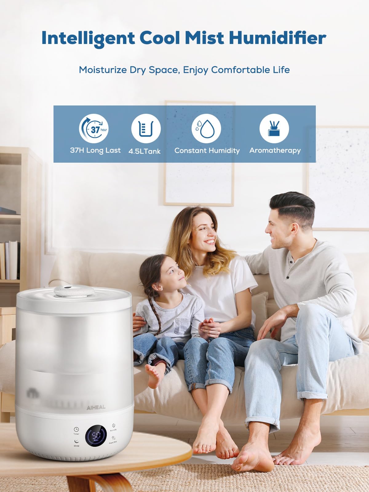 Aiheal Humidifiers for Bedroom Large Room, 4.5L Top Fill Cool Mist Ultrasonic Humidifier for Plants and Baby, Lasts 37 Hours, Timer, Auto Shut Off, Super Quiet, Sleep Mode, White