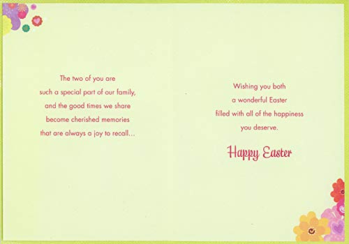 Designer Greetings Pink, Blue, Red Flowers on Green and Yellow : Shimmering Swirling White Vine Sister and Brother-in-Law Easter Card
