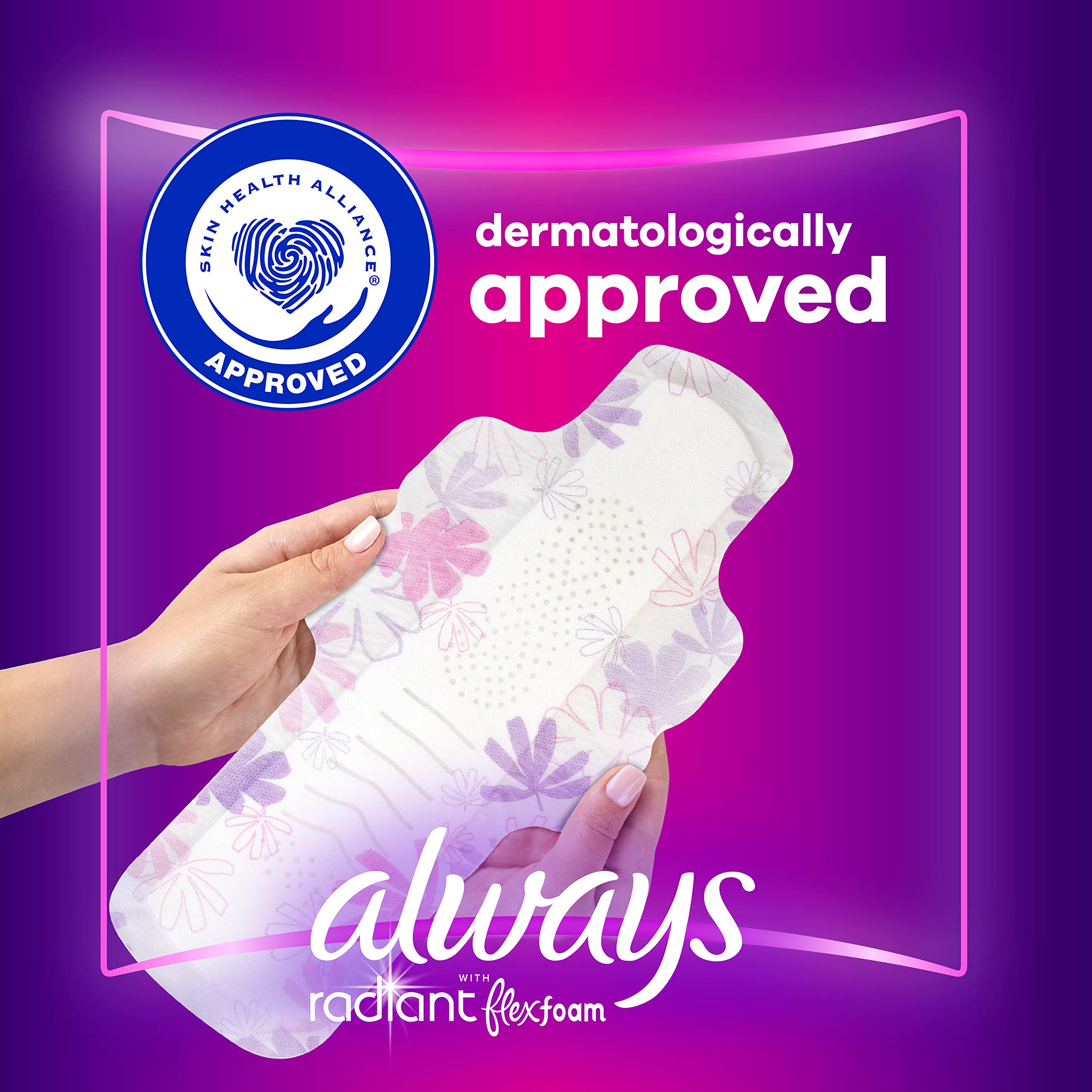 Always Radiant Flexfoam Pads for Women, Size 5, Extra Heavy Overnight Absorbency, With Wings, Scented, 18Count