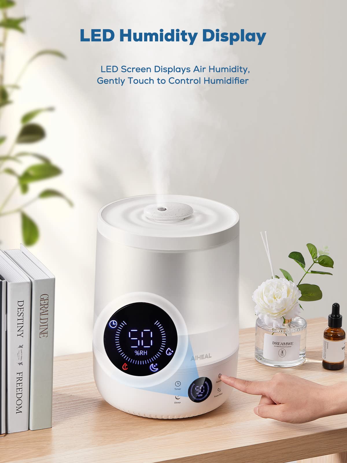 Aiheal Humidifiers for Bedroom Large Room, 4.5L Top Fill Cool Mist Ultrasonic Humidifier for Plants and Baby, Lasts 37 Hours, Timer, Auto Shut Off, Super Quiet, Sleep Mode, White