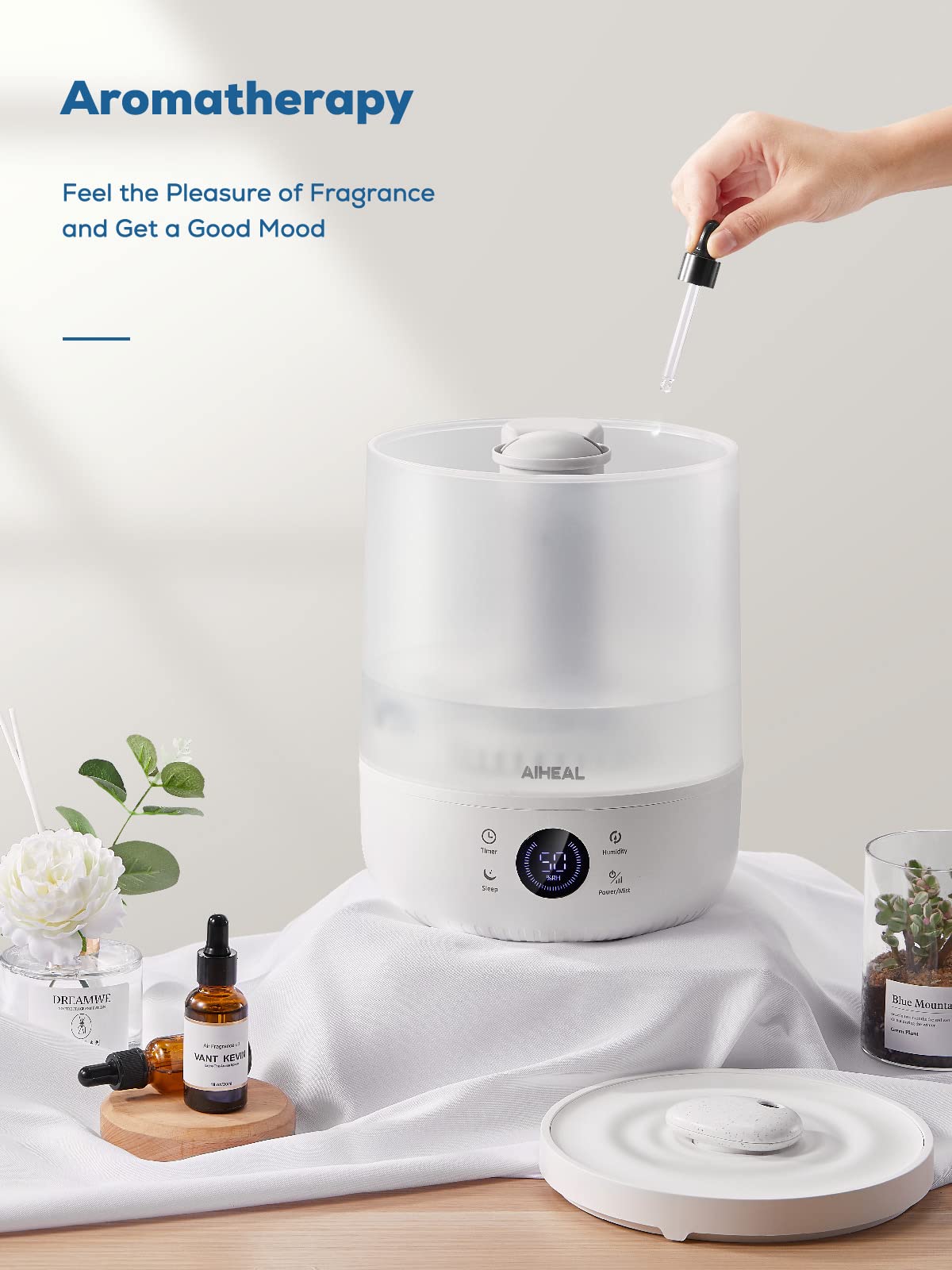 Aiheal Humidifiers for Bedroom Large Room, 4.5L Top Fill Cool Mist Ultrasonic Humidifier for Plants and Baby, Lasts 37 Hours, Timer, Auto Shut Off, Super Quiet, Sleep Mode, White