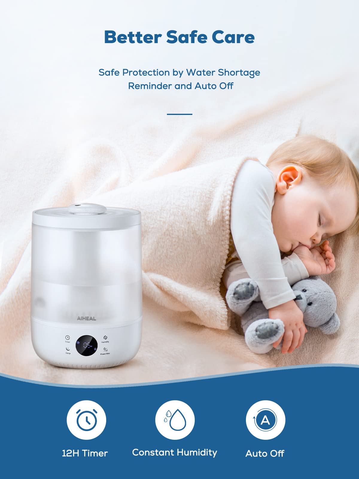 Aiheal Humidifiers for Bedroom Large Room, 4.5L Top Fill Cool Mist Ultrasonic Humidifier for Plants and Baby, Lasts 37 Hours, Timer, Auto Shut Off, Super Quiet, Sleep Mode, White