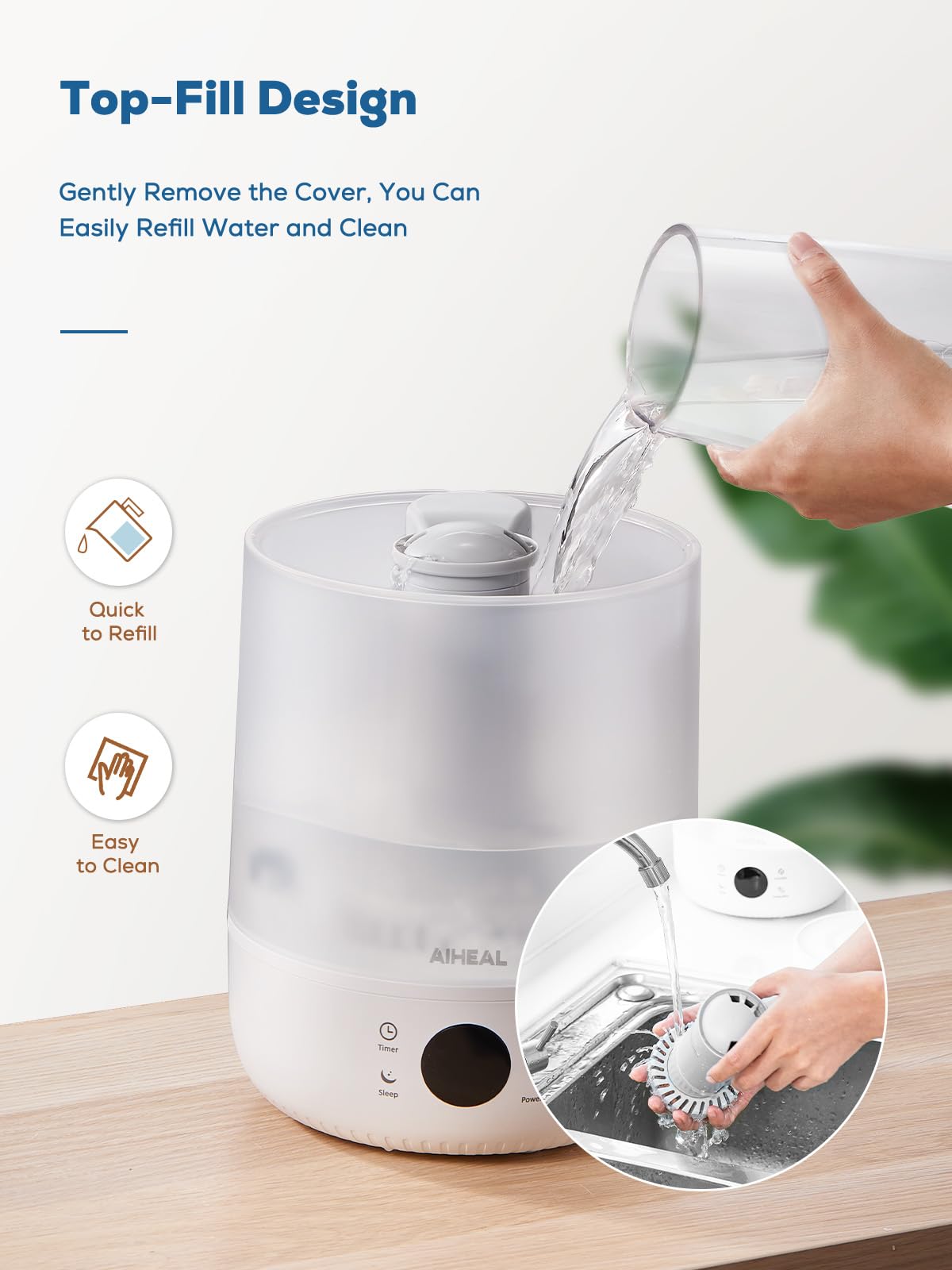 Aiheal Humidifiers for Bedroom Large Room, 4.5L Top Fill Cool Mist Ultrasonic Humidifier for Plants and Baby, Lasts 37 Hours, Timer, Auto Shut Off, Super Quiet, Sleep Mode, White