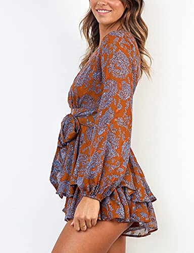 Relipop Women's Jumpsuit Floral Print V Neck Baggy Sleeve Waist Tie Double Layer Ruffle Hem Short Mini Dress Romper