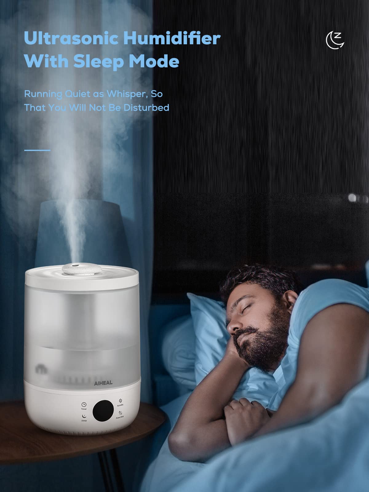 Aiheal Humidifiers for Bedroom Large Room, 4.5L Top Fill Cool Mist Ultrasonic Humidifier for Plants and Baby, Lasts 37 Hours, Timer, Auto Shut Off, Super Quiet, Sleep Mode, White