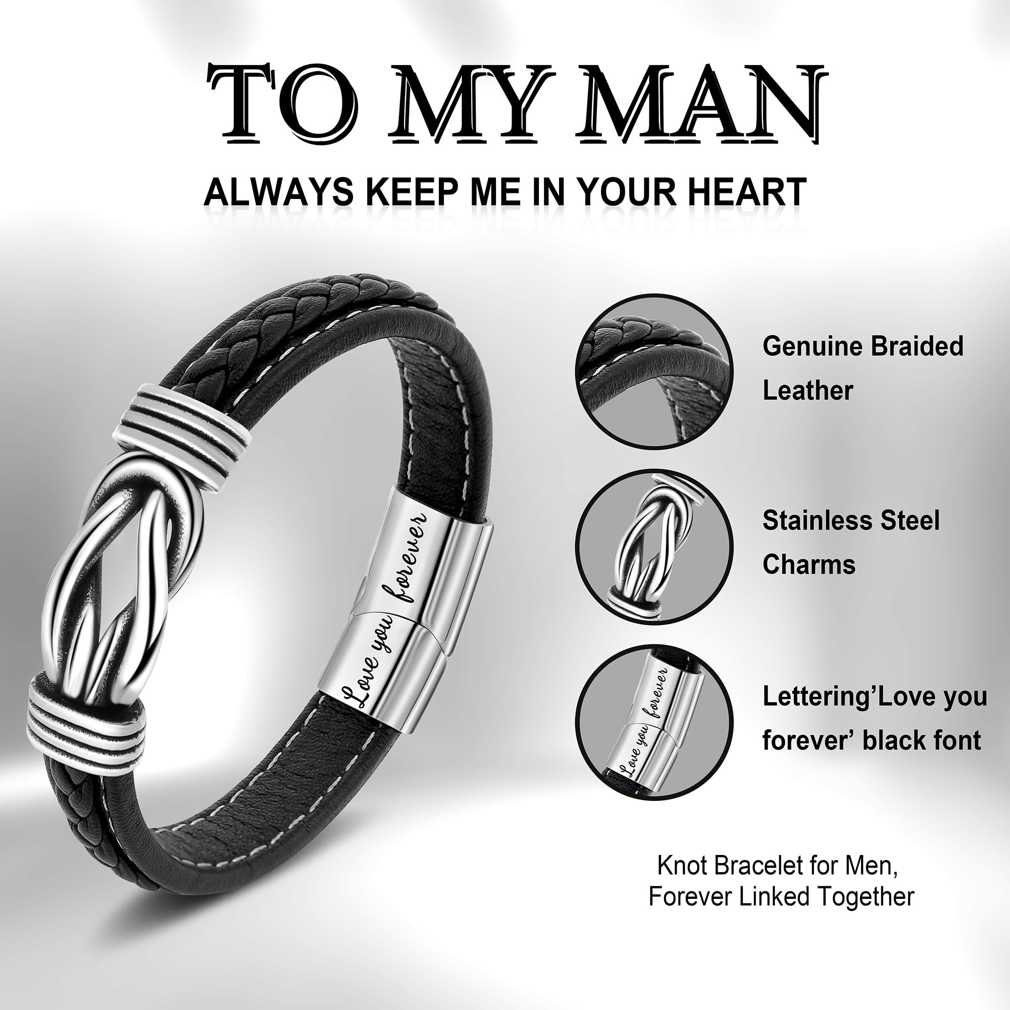 Personalized Bracelet for Boyfriend Husband - Leather Knot Gift for Anniversary or Birthday - Linked Together Forever Love You Always
