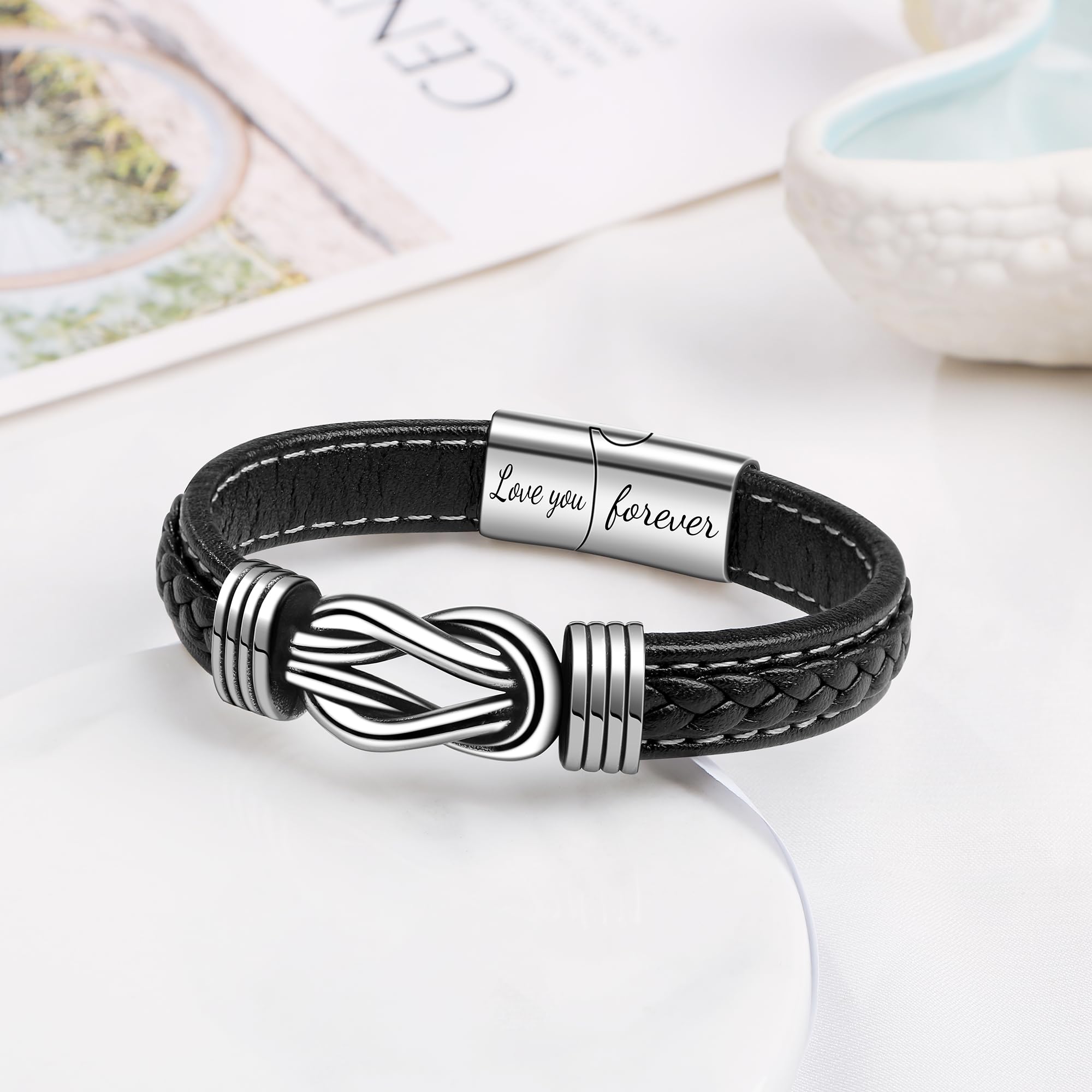 Personalized Bracelet for Boyfriend Husband - Leather Knot Gift for Anniversary or Birthday - Linked Together Forever Love You Always