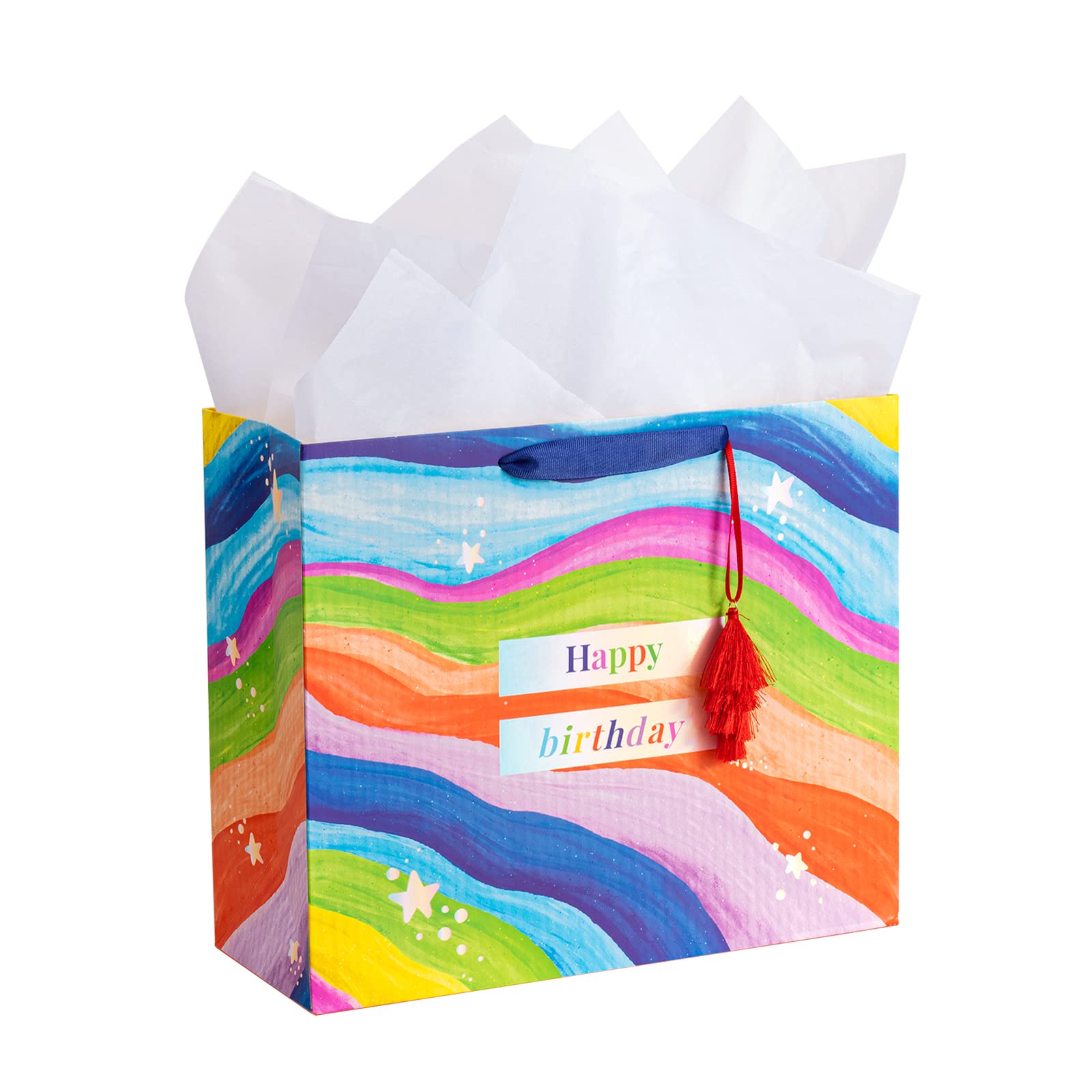 MAYPLUSS 12.5" Large Gift Bag with Tissue Paper for Birthday - Colourful Abstract Stripes