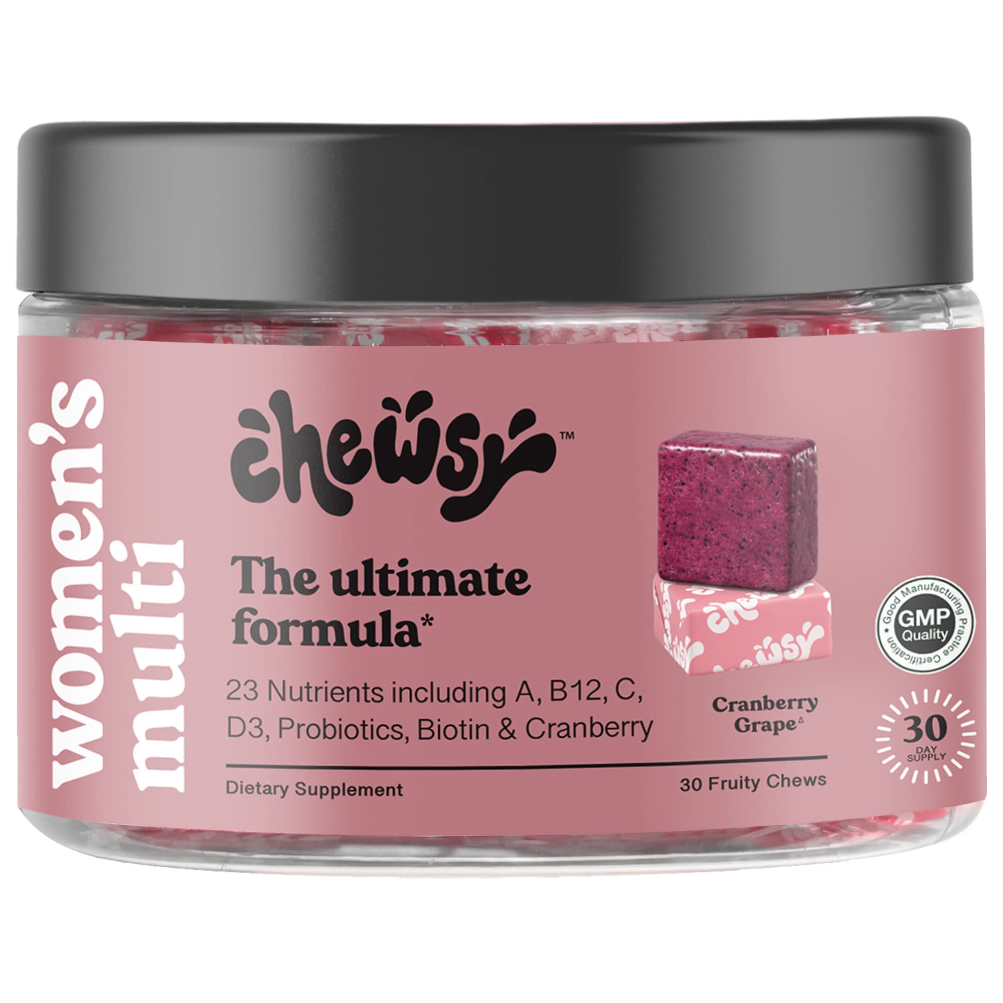 CHEWSY Women's Multivitamin - Immune & Energy Support - 23 Nutrients Including A, B12, C, Folic Acid, Probiotics, Biotin, Cranberry - 30-Day Supply