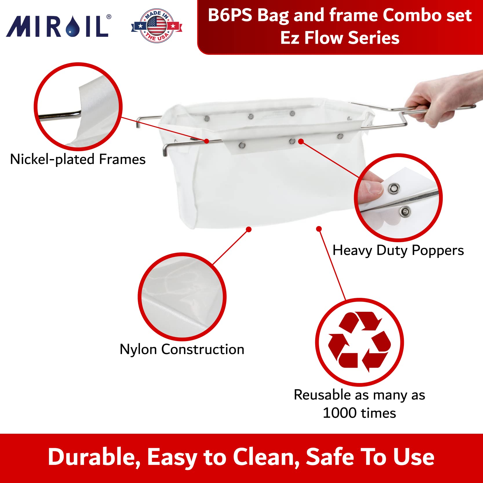 Miroil B6PS Fryer Filter Bag & Frame, MirOil EZ Flow Filter Bag Combination, Part 02852, Use to Filter Fry Oil, Suitable for 70 lb Polishing Oil, Durable, Easy to Clean with Hot Water