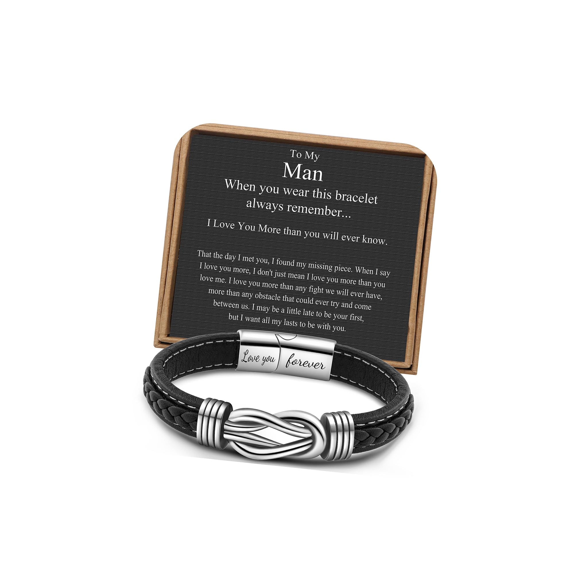Personalized Bracelet for Boyfriend Husband - Leather Knot Gift for Anniversary or Birthday - Linked Together Forever Love You Always