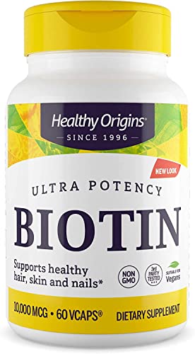 Healthy Origins Ultra-Potency Biotin (B7), 10,000 mcg - Supports Skin, Hair & Nails - High-Grade Vitamin B7 - Non-GMO, Gluten-Free Biotin for Vegans - 60 Veggie Capsules