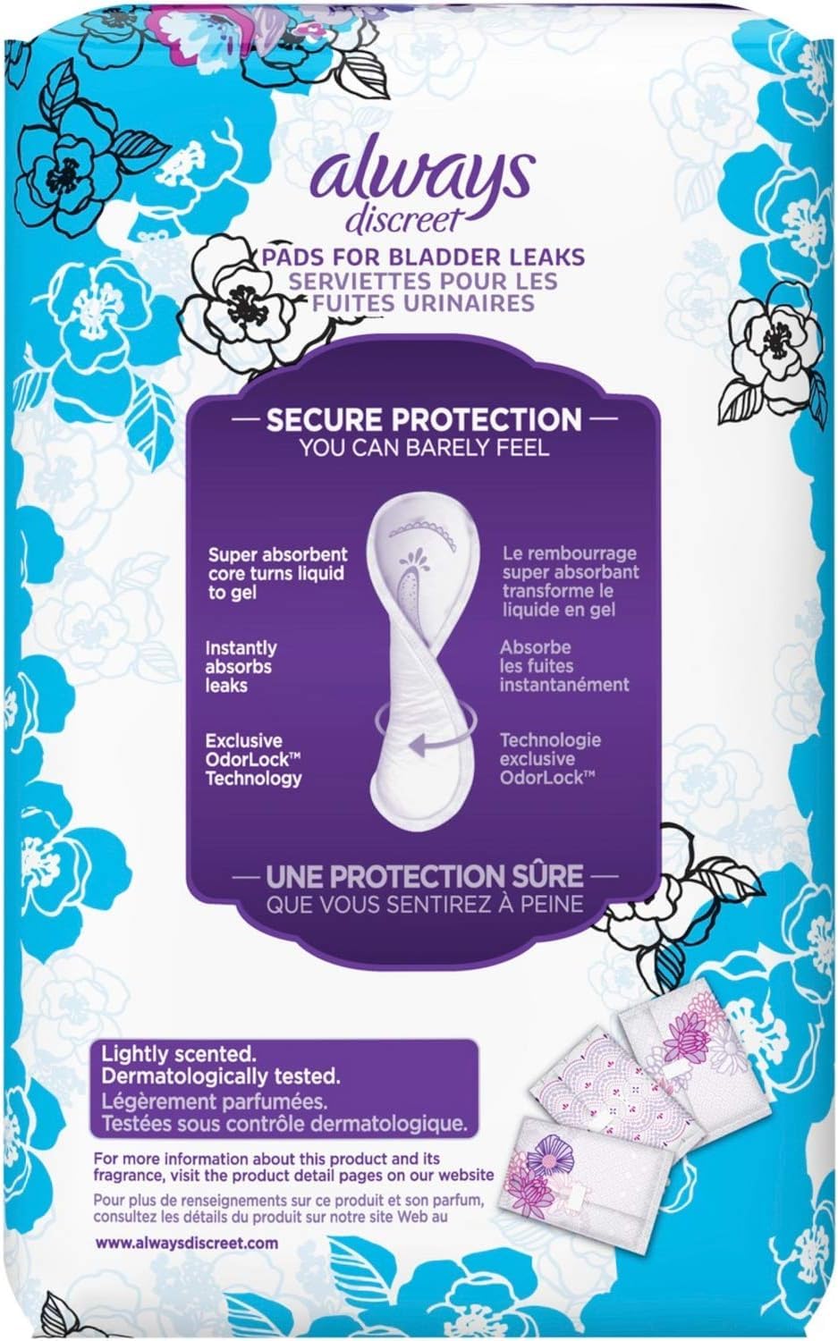 Always Discreet, Incontinence Light Pads, 3 Drops, 30 Pads each (Value Pack of 4)