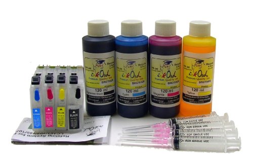 InkOwl Refillable Cartridge Replacement for Brother LC101, LC103, LC105, LC107, LC109 + auto-Reset Chips + 4x120ml Ink