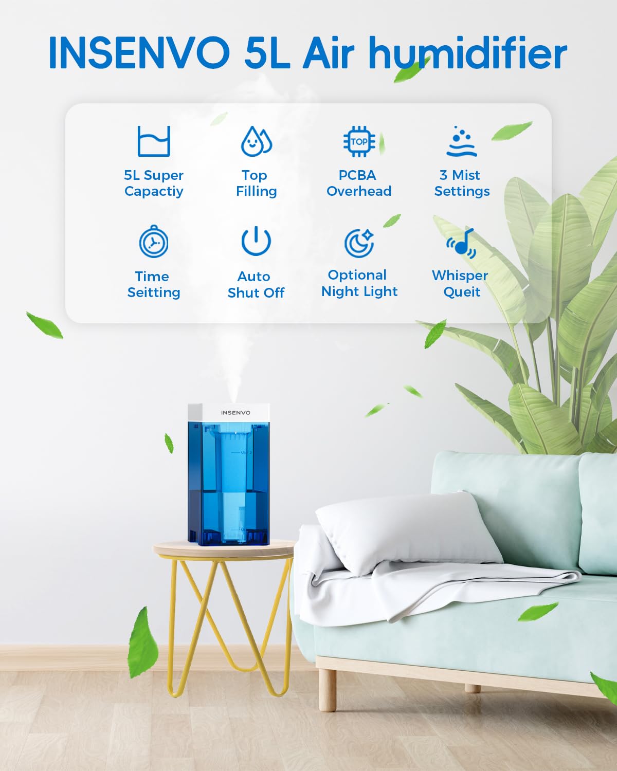 INSENVO Humidifier for bedroom, 5L Top Fill Humidifier with Touch Control, Ultrasonic Adjustable 3 Mist Outputs, 3 Timers, Auto Shut-off Air Humidifier for Bedroom, Living Room, Office, Pets, Plants