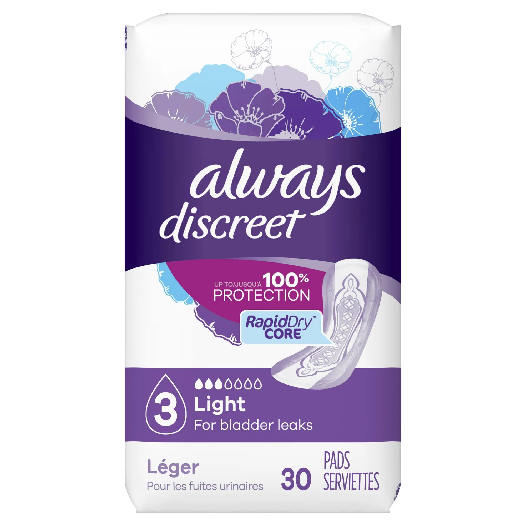 Always Discreet, Incontinence Light Pads, 3 Drops, 30 Pads each (Value Pack of 4)