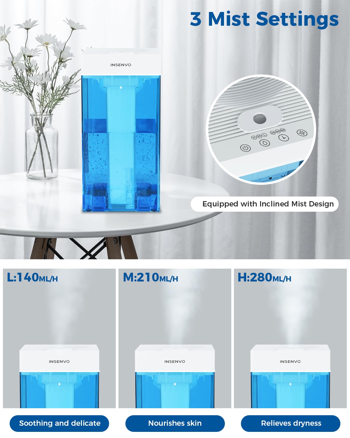 INSENVO Humidifier for bedroom, 5L Top Fill Humidifier with Touch Control, Ultrasonic Adjustable 3 Mist Outputs, 3 Timers, Auto Shut-off Air Humidifier for Bedroom, Living Room, Office, Pets, Plants