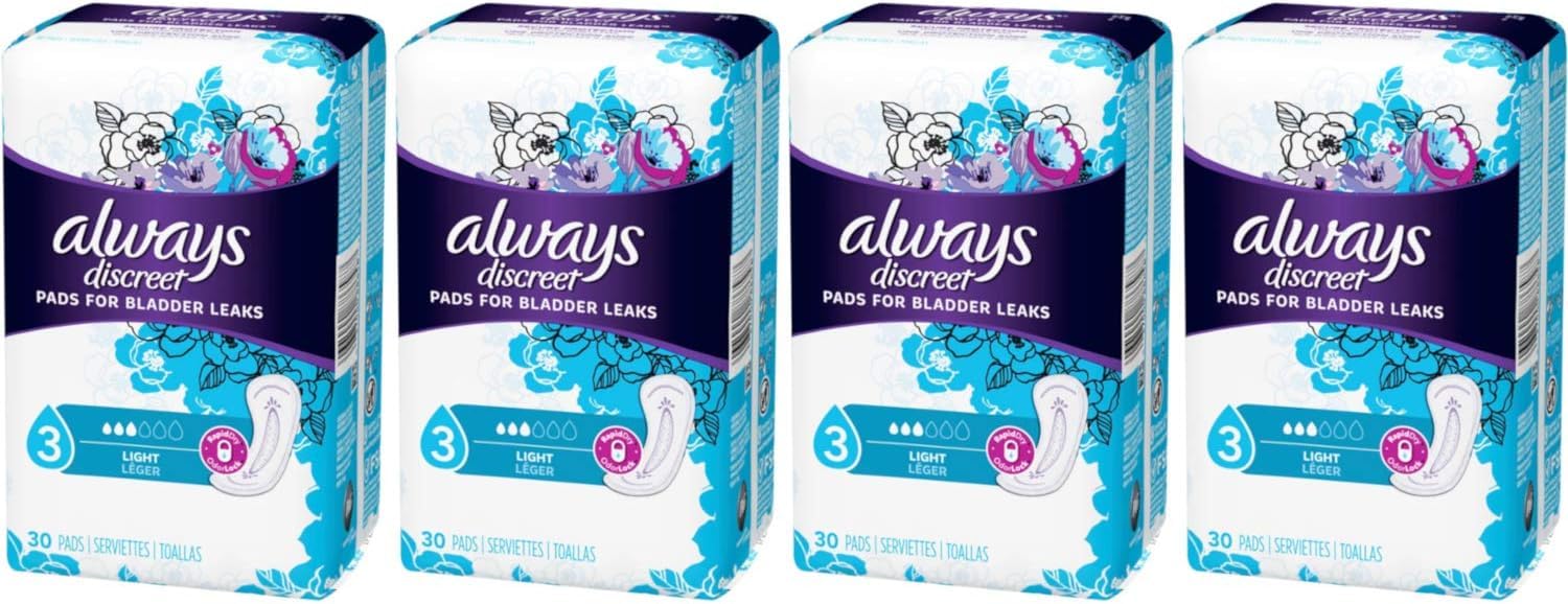 Always Discreet, Incontinence Light Pads, 3 Drops, 30 Pads each (Value Pack of 4)