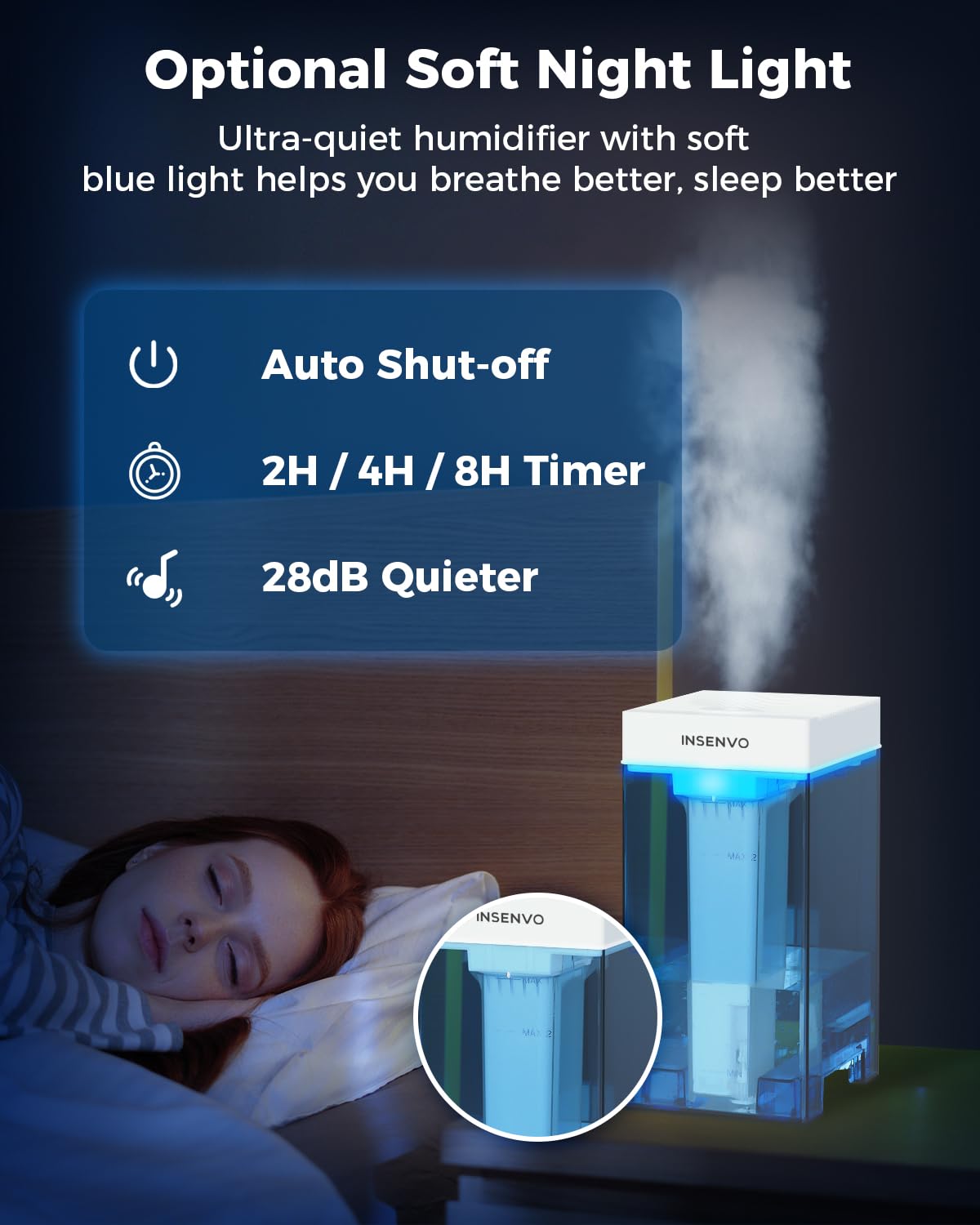 INSENVO Humidifier for bedroom, 5L Top Fill Humidifier with Touch Control, Ultrasonic Adjustable 3 Mist Outputs, 3 Timers, Auto Shut-off Air Humidifier for Bedroom, Living Room, Office, Pets, Plants