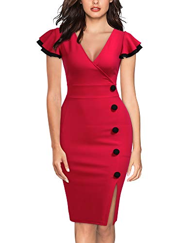 Miusol Women's Navy Style Deep-V Neck Vintage Evening Pencil Dress(X-Large,Red)